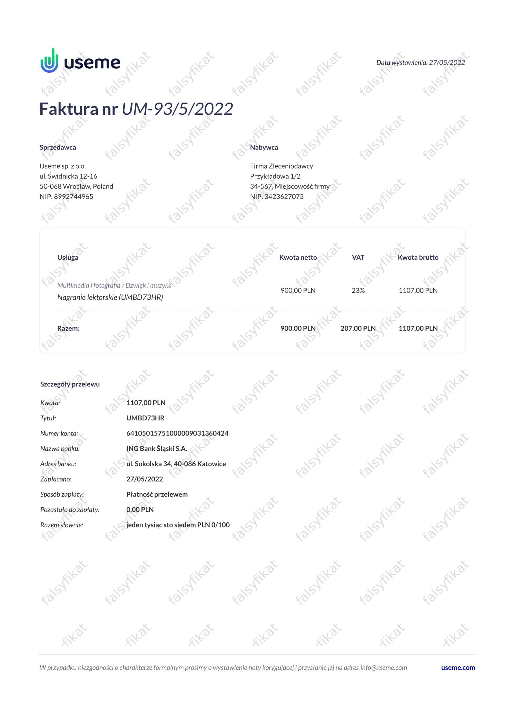 Jak wyglądają faktury od Useme?